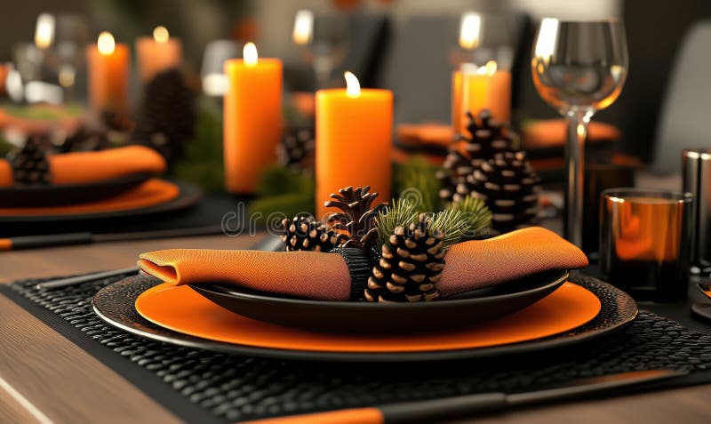 Elegant Autumn Dinner Table Setting with Orange Candles and Pinecones ...