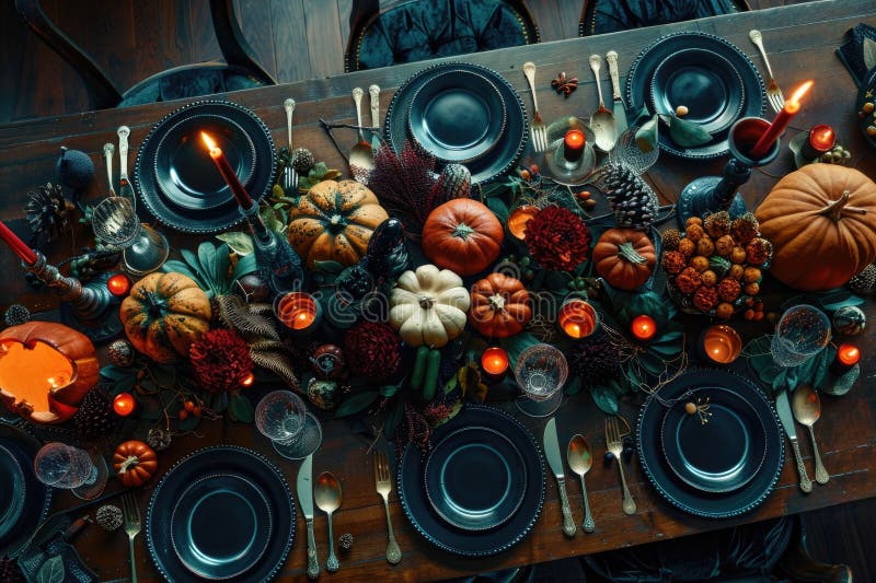 Elegant Autumn Dinner Table Setting with Pumpkins and Leaves Stock ...