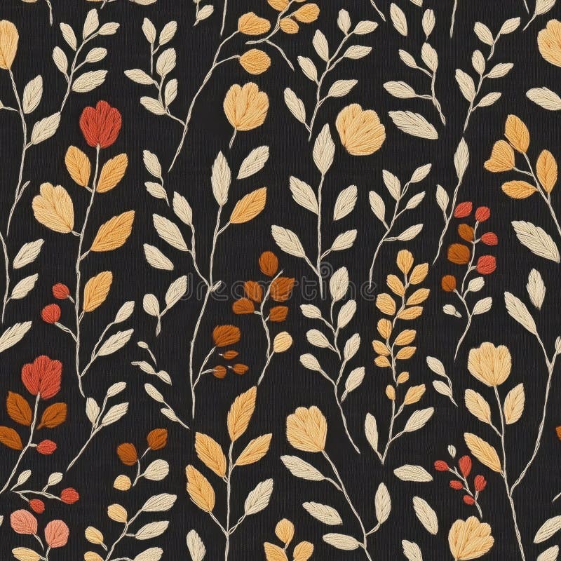 Elegant Autumn Floral Embroidery Pattern on Black Fabric Background ...