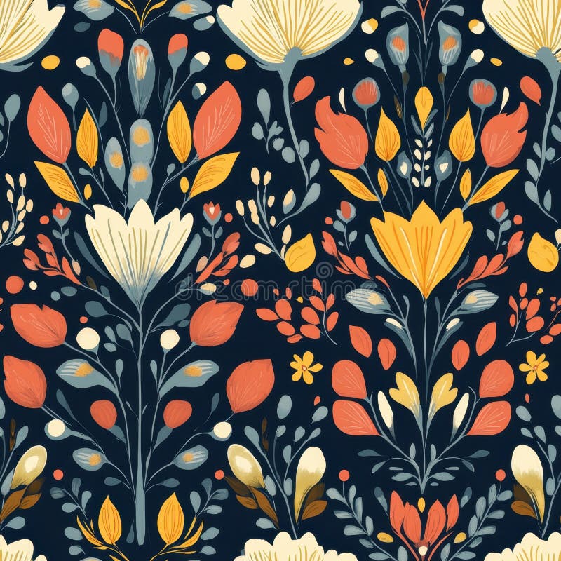 Elegant Autumn Floral Pattern with Vibrant Botanical Illustrations ...