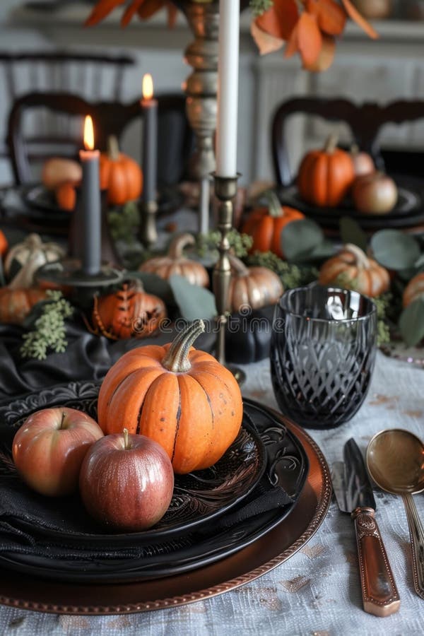 Elegant Autumn Pumpkin Table Setting for Festive Dinner Stock ...
