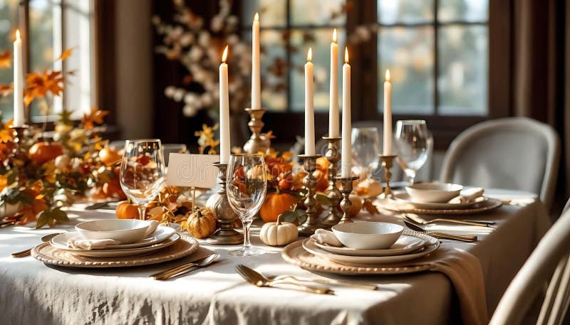 Elegant Autumn Dinner Table Setting with Golden Cutlery, Plates and ...