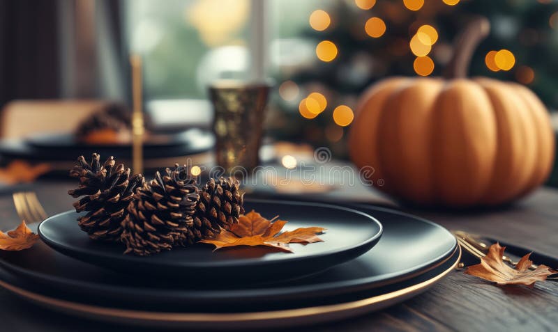 Elegant Autumn Dinner Table Setting with Golden Cutlery, Plates and ...