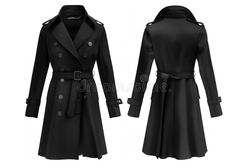 Elegant Autumn Trench Coat in Black Layout, Front and Back, Isolated on ...