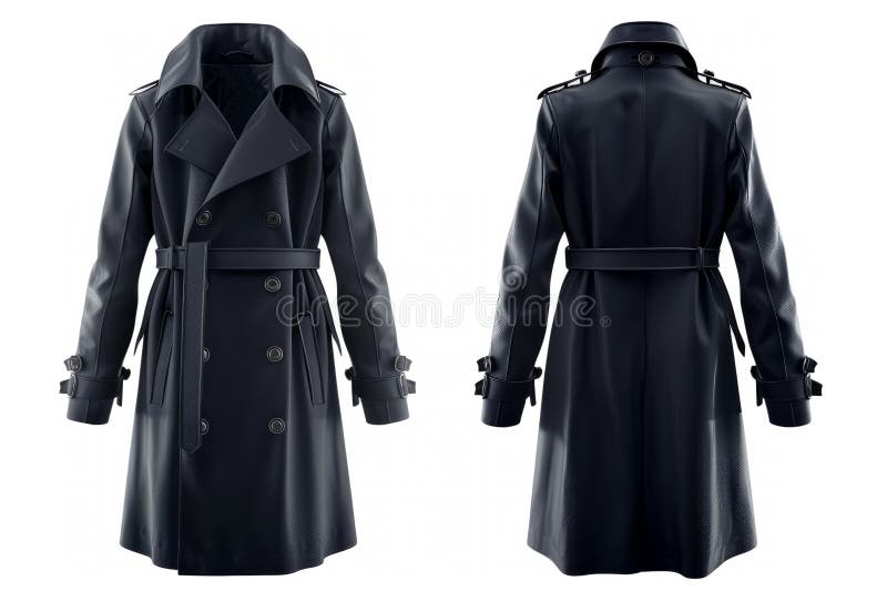 Elegant Autumn Trench Coat in Black Layout, Front and Back, Isolated on ...