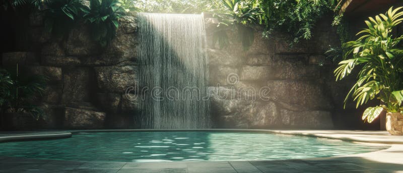 Elegant Backdrop Pool Featuring a Serene Waterfall in a Tranquil Garden ...