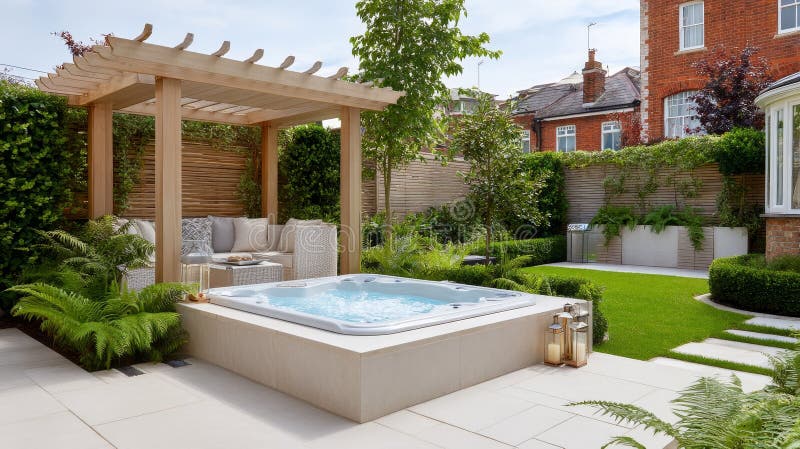 Elegant Backyard with Pergola and Hot Tub in Lush Garden Setting Stock ...