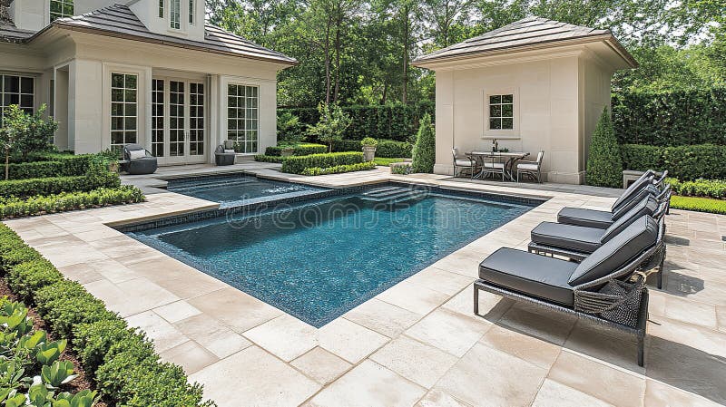 Elegant Backyard Pool Area with Patio and Landscaping Stock ...