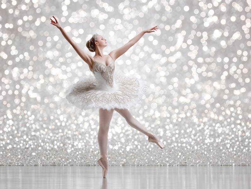Elegant Ballet Dancer Performing on Stage with Sparkling Backdrop during Evening Performance ...