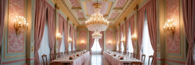 Elegant Ballroom with Chandeliers and Long Dining Table in Luxurious ...