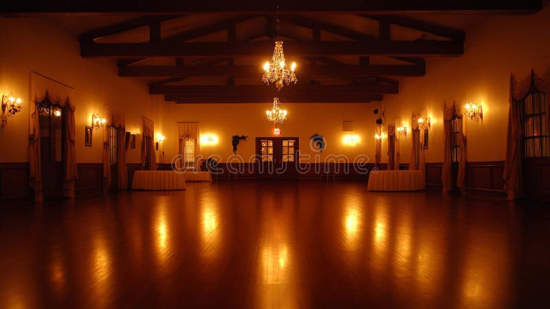Elegant Ballroom with Chandeliers and Warm Lighting Stock Illustration ...