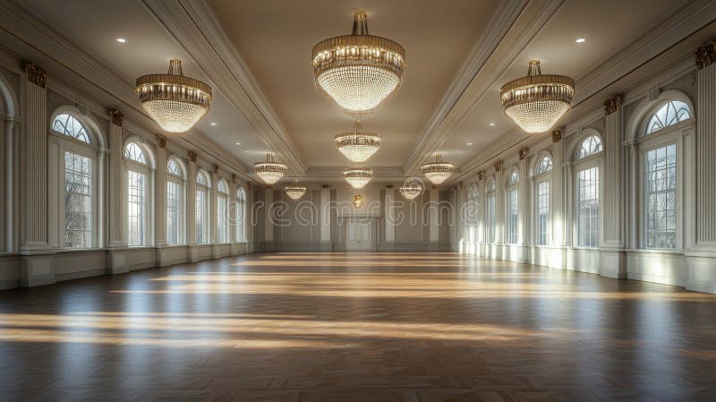 Elegant Ballroom with Crystal Chandeliers and Large Windows Stock ...