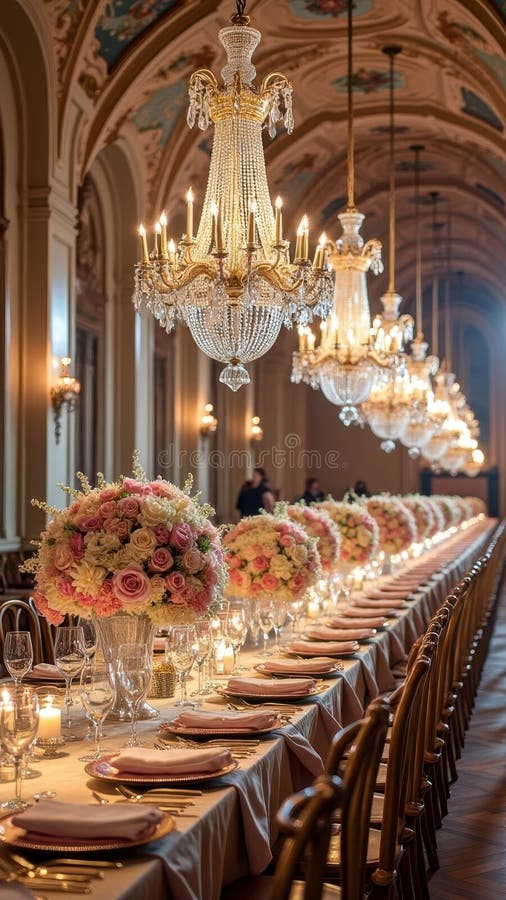 Elegant Ballroom Dinner with Crystal Chandeliers and Floral Decor in ...