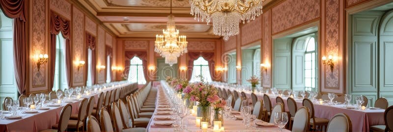 Elegant Ballroom with Grand Chandeliers and Lavish Table Settings for ...