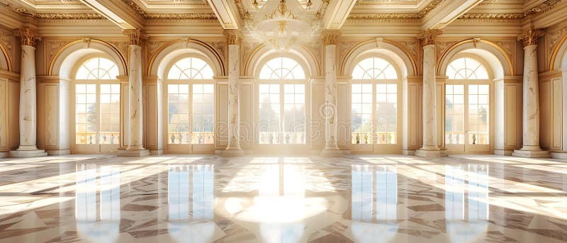 Elegant Ballroom with Sunlight and Marble Columns. Concept Sunlit ...