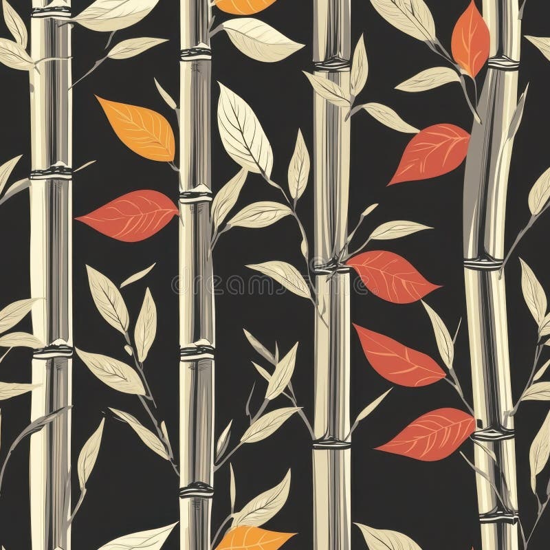 Elegant Bamboo and Autumn Leaves Pattern on Dark Background Stock Image ...