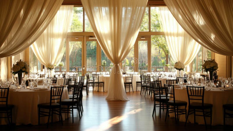 Elegant Banquet Hall Decorated for an Event with Large Windows and ...