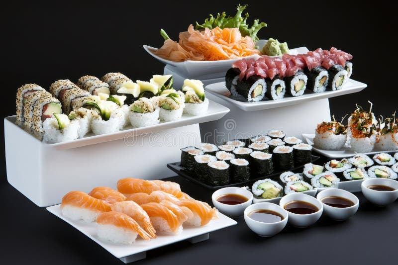 Elegant Banquet Table Featuring a Stunning Array of Sushi Rolls and ...