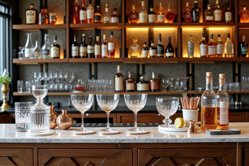 Elegant Bar Counter with Crystal Glassware and Whiskey Bottles in Cozy ...