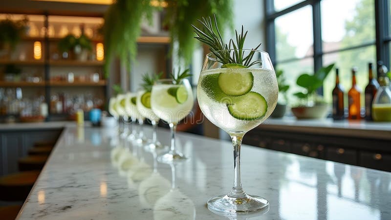 Elegant Bar Setting with Fresh Cucumber and Herb Gin Cocktails on ...