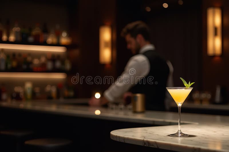 Elegant Bar Setting with Male Bartender and Martini on Marble Counter ...