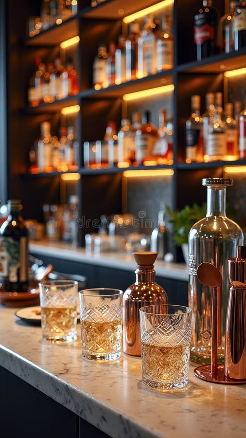 Elegant Bar Setup with Whiskey Glasses and Bottles on Marble Countertop ...