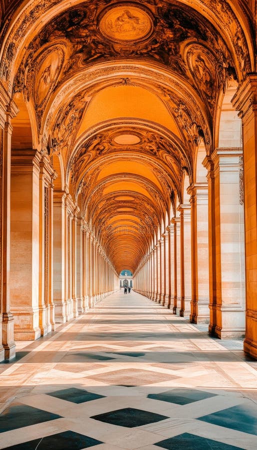 Elegant Baroque Arches Lead Down a Long Hallway Inside a Classical ...