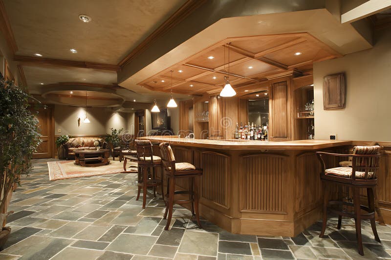 Elegant Basement Lounge with Modern Luxury Bar and Ambient Lighting ...
