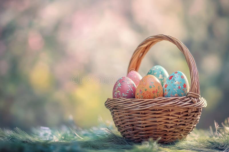 Elegant Basket Displaying Five Beautiful Easter Eggs, Symbolizing the ...
