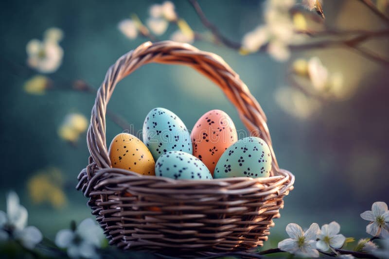 Elegant Basket with Five Beautiful Easter Eggs, Symbolizing Joy and ...