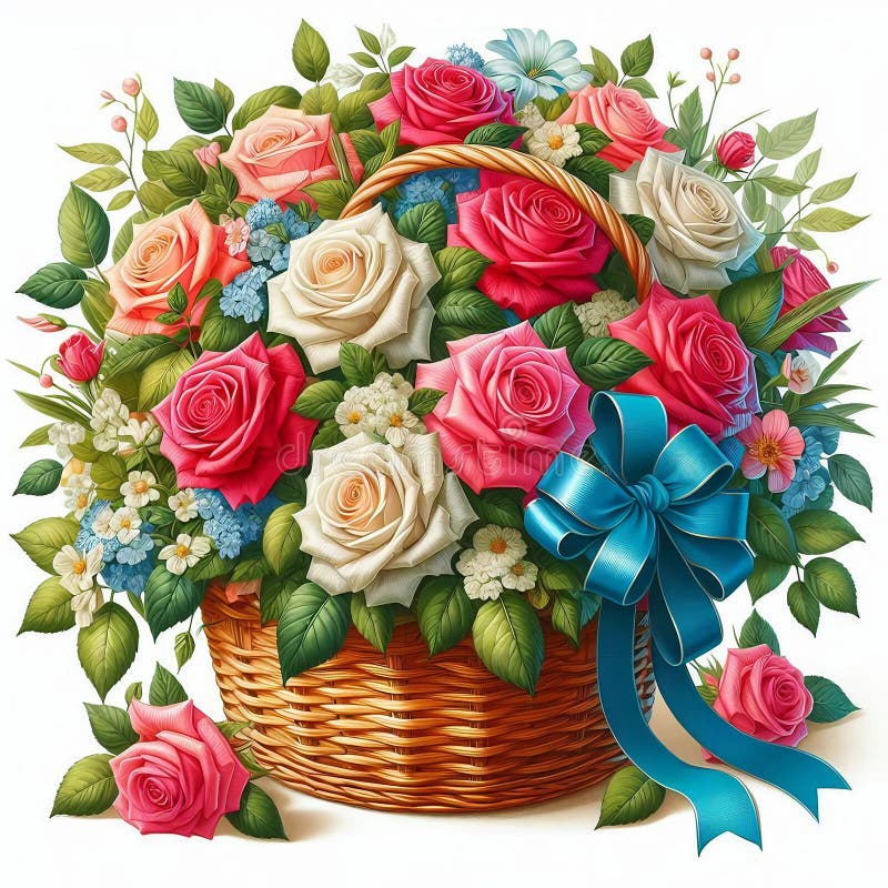 Elegant Basket of Roses with a Vibrant Blue Bow Stock Image - Image of ...
