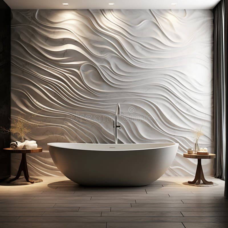 An Elegant Bathroom with a 3D Marble Wall Texture Stock Illustration ...