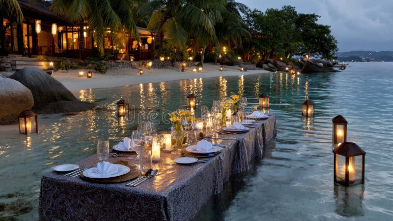 Elegant Beachfront Dining at Dusk with Candlelit Table Setting by the ...