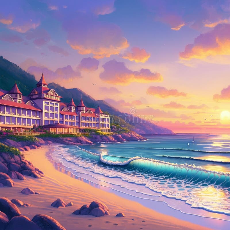 Elegant Beachfront Hotel at Sunset with Victorian-style Architecture ...