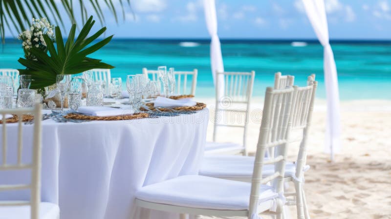 Elegant Beachfront Wedding Reception Setup with Turquoise Sea Backdrop ...
