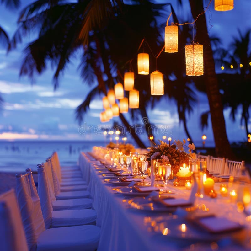 Elegant Beachside Dining Setup at Sunset with a Long Table, Glowing ...