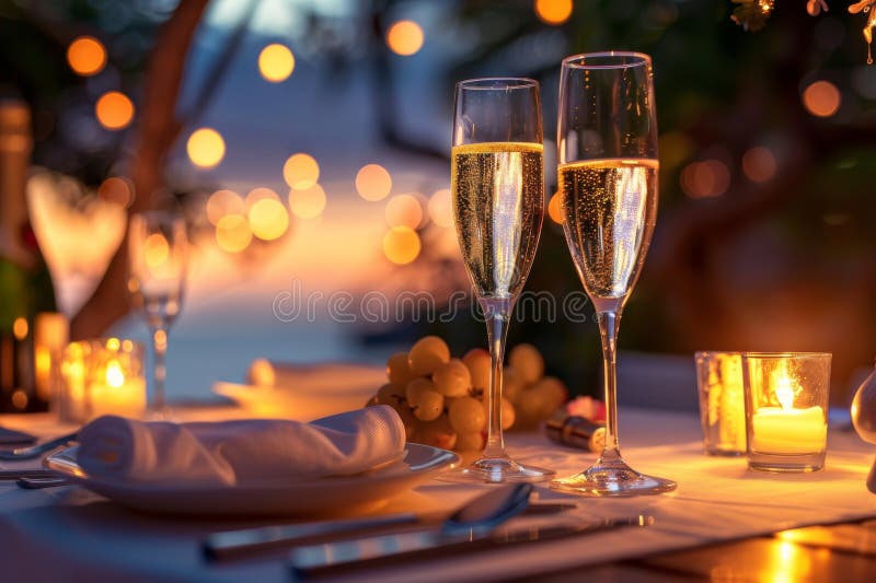 Elegant Beachside Dinner Setting with Champagne Flutes, Glowing Candles ...