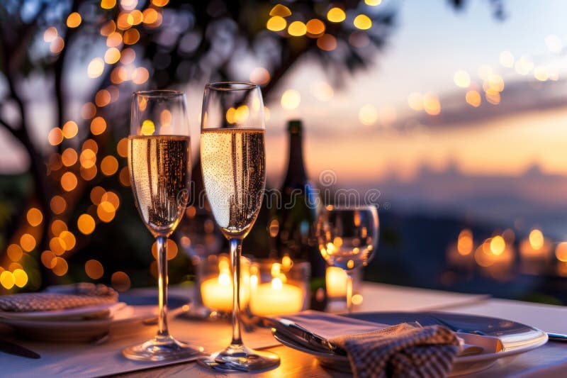 Elegant Beachside Dinner Setting with Champagne Flutes, Glowing Candles ...