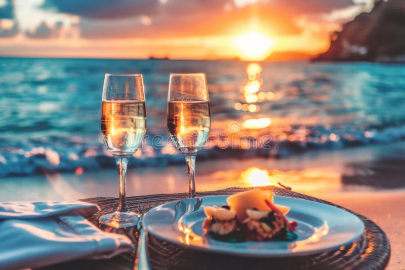 Elegant Beachside Dinner Setting with Champagne Flutes, Glowing Candles ...