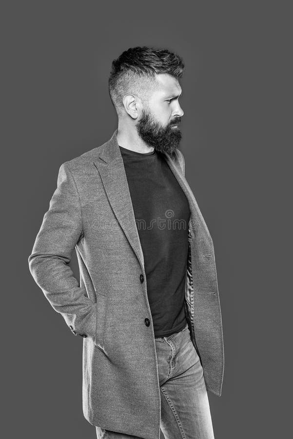 Elegant Bearded Mature Man Wear Casual On Grey Background Stock Image