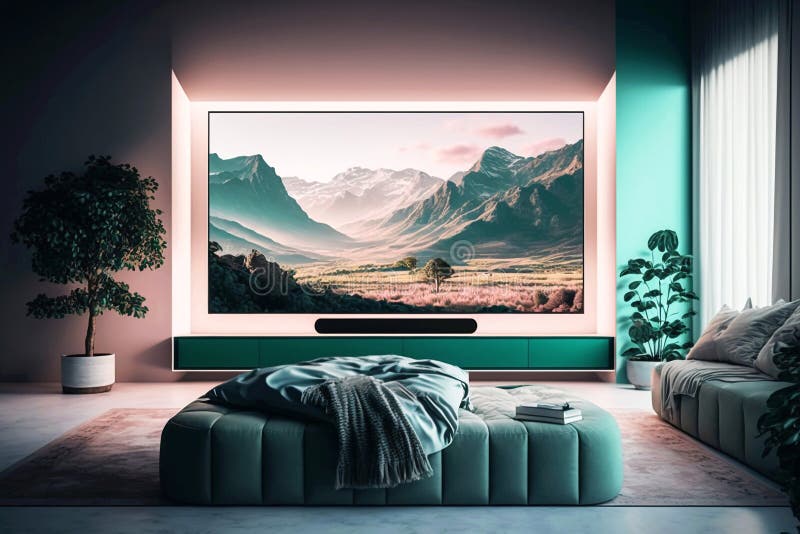Elegant Bed Room with Big Tv Screen. Generative Ai Stock Illustration ...