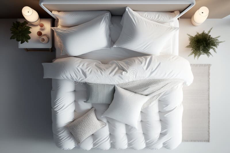 Elegant Bed with Soft White Duvet, Bedding and Pillows, Top View. AI ...