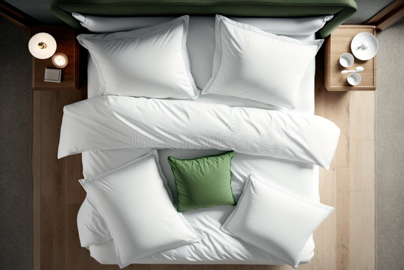 Elegant Bed with Soft White Duvet, Bedding and Pillows, Top View. AI ...