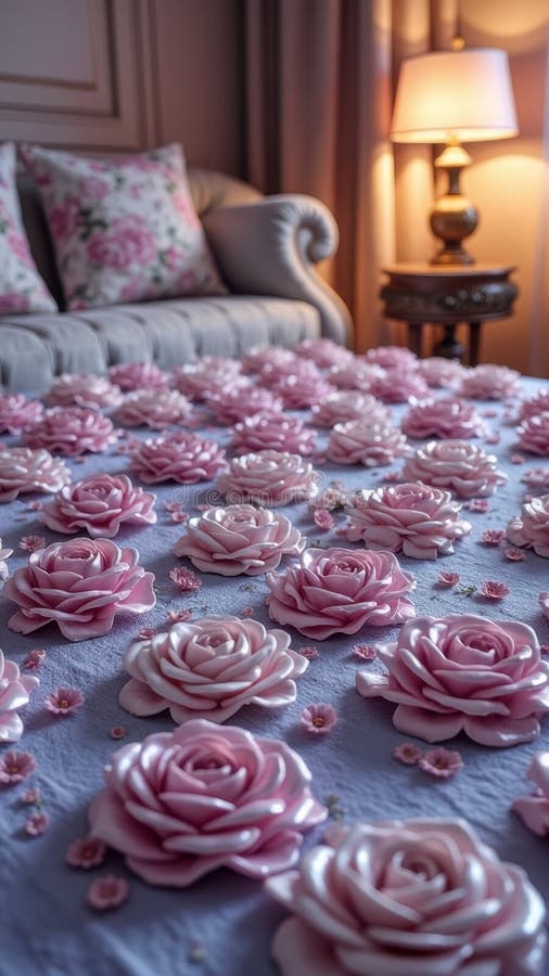 Elegant Bedroom with Pink Floral Decor on a Cozy Bedspread Stock Image ...