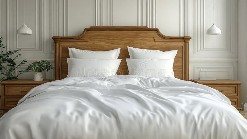 Elegant Bedroom with Wooden Headboard and White Bedding Stock ...