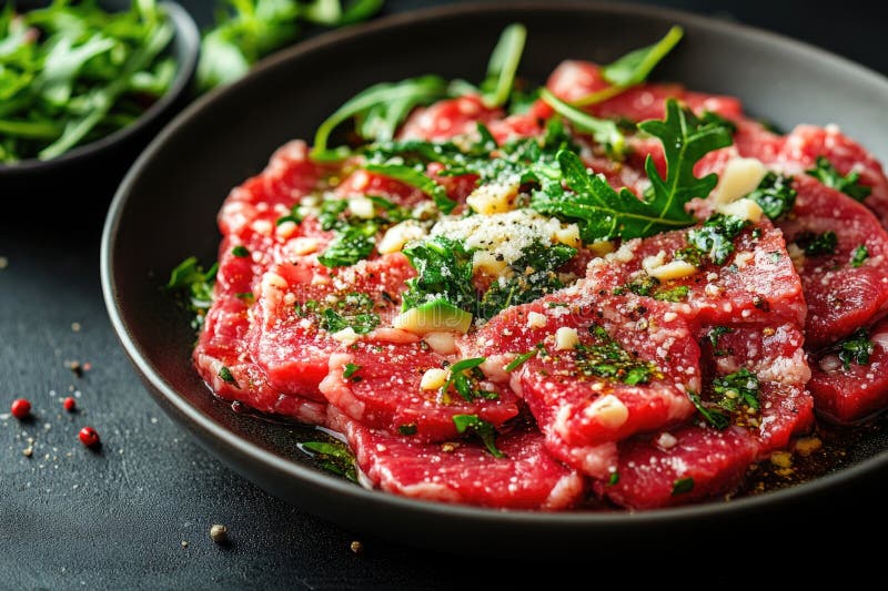 Elegant Beef Carpaccio with Parmesan and Arugula on a Dark Background ...