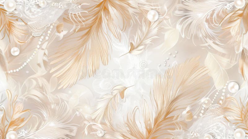 Elegant Beige Feather Pattern with Pearls and Lace Background Stock ...