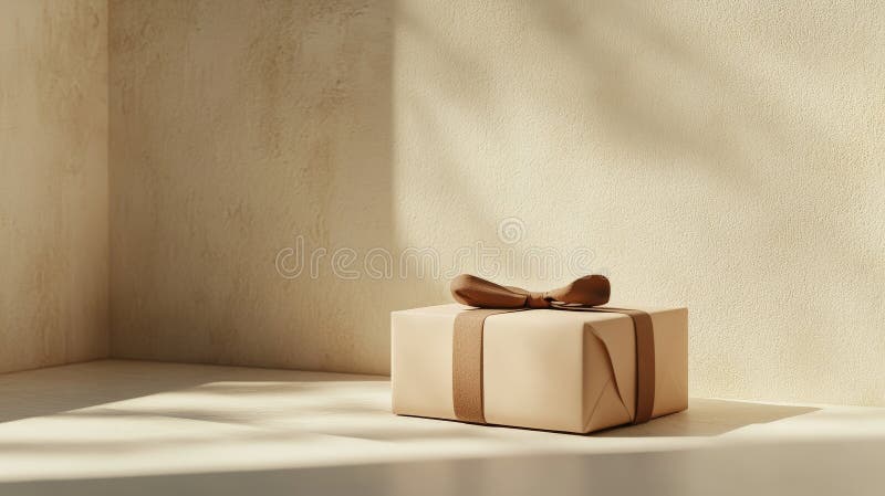 Elegant Beige Gift Box with Ribbon in Sunlight Shadowed Corner Stock ...