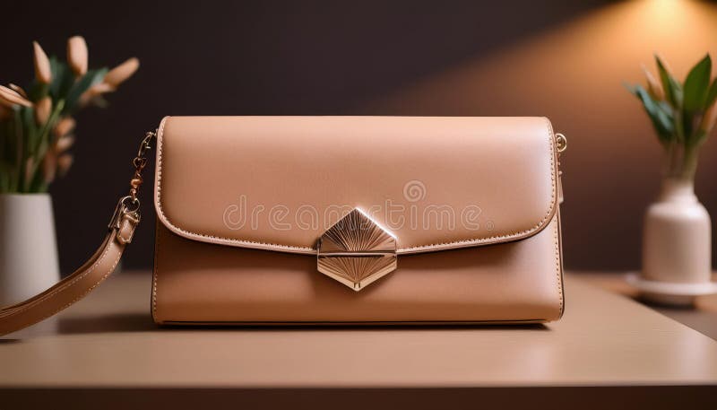 Elegant Beige Handbag on Table with Geometric Clasp, Mocha Mousse Color ...