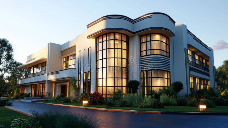 Elegant Beige Modern House with Curvy Design at Sunset Stock ...
